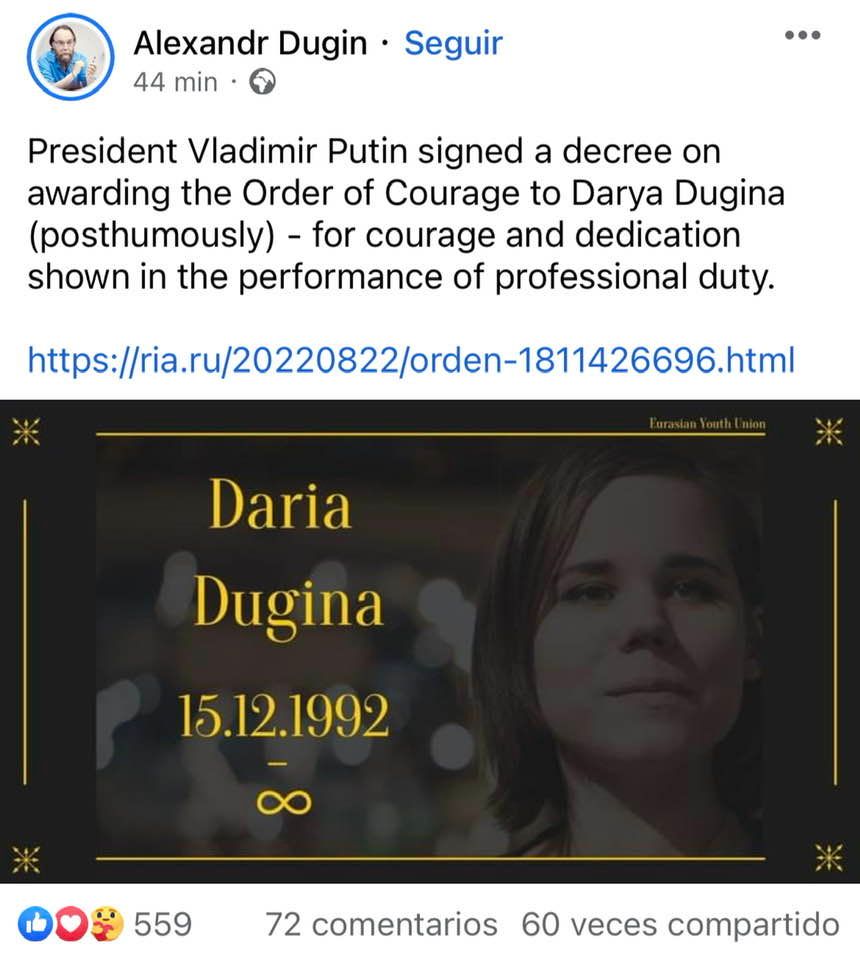 Darya Dugina and Possible Scenarios for Russia's War in Ukraine